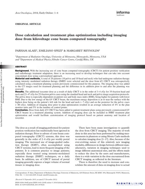 Pdf Dose Calculation And Treatment Plan Optimization Including Imaging Dose From Kilovoltage