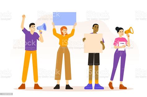항의 개념 남성과 여성 시위대 또는 활동가의 그룹 시위 혁명 회의 퍼레이드 권리와 정의를 위해 싸우는 다문화 사람들 격리 벡터