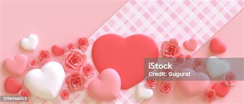 플랫 레이 발렌타인 데이와 핑크 배경에 장미 꽃과 귀여운 사랑 판매 배너 또는 인사말 카드와 빨간 마음 3d 렌더링 2월에 대한 스톡 사진 및 기타 이미지 Istock