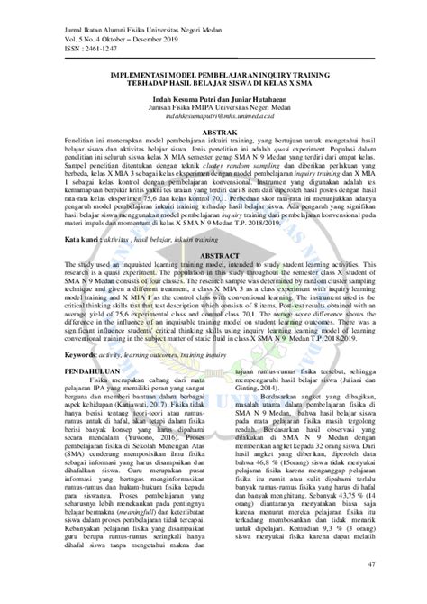 Pdf Implementasi Model Pembelajaran Inquiry Training Terhadap Hasil Belajar Siswa Di Kelas X Sma