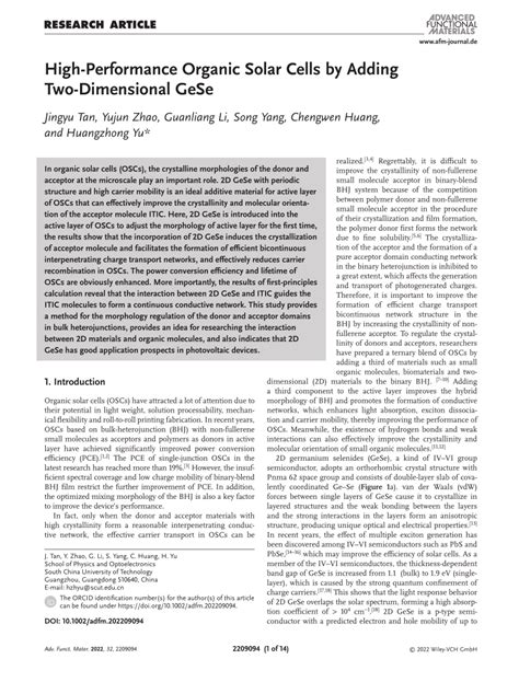 High‐performance Organic Solar Cells By Adding Two‐dimensional Gese Request Pdf
