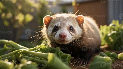 A Playful Ferret Exploring A Garden Surrounded By Fresh Greens