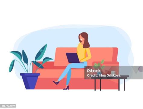 집에서 일하는 프리랜서 여성 사무실 노동자 캐릭터 프리랜서 작업 개념입니다 벡터 디자인 그래픽 플랫 만화 일러스트 가정의 방에