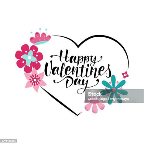 꽃 프레임에 낭만적 인 문구 해피 발렌타인 데이 브러시와 함께 손으로 쓴 비문 결혼식 초대장 또는 휴일 엽서꽃 하트 화환 개념에 대한 스톡 벡터 아트 및 기타 이미지