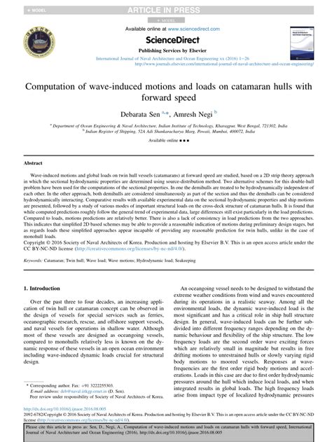 Pdf Computation Of Wave Induced Motions And Loads On Catamaran Hulls With Forward Speed