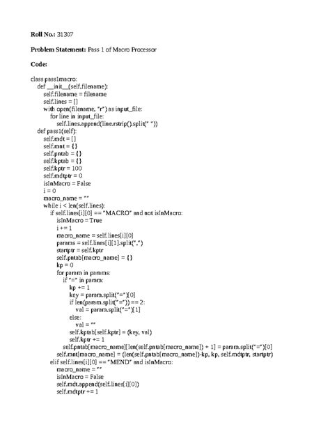 pass 1 of macro spos roll no 31307 problem statement pass 1 of