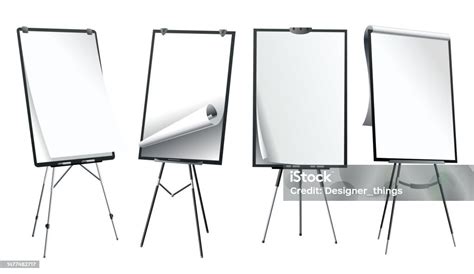 다양한 각도로 설정된 플립차트 모형 프레젠테이션 및 세미나 화이트보드에는 빈 종이 시트가 있습니다 텍스트를 위한 공간이 있는 삼각대의 플립 차트 흰색 배경에 격리된 벡터