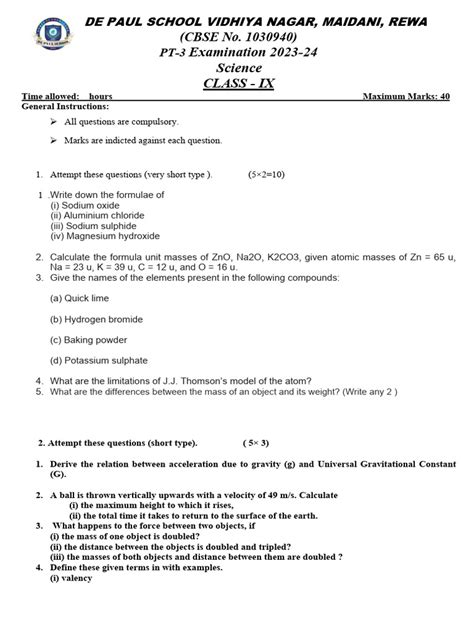 Class Ix Science Question Paper Pdf Atoms Valence Chemistry
