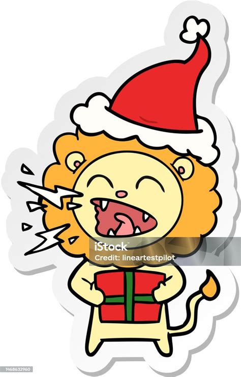 산타 모자를 쓴 선물을 가진 포효하는 사자의 손으로 그린 스티커 만화 0명에 대한 스톡 벡터 아트 및 기타 이미지 0명 귀여운 낙서 드로잉 Istock