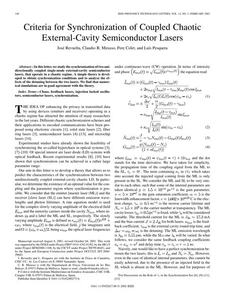 Pdf Criteria For Synchronization Of Coupled Chaotic External Cavity Semiconductor Lasers