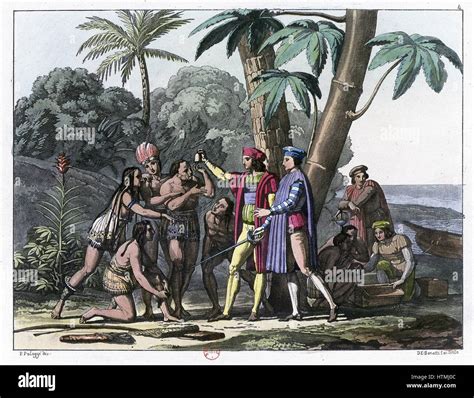 Columbus Presenting Ts To The First Natives To Greet Him On His