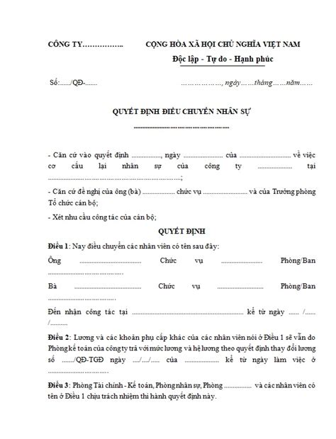 Mẫu quyết định thuyên chuyển công tác Việc làm Nhân sự Mẫu Văn Bản