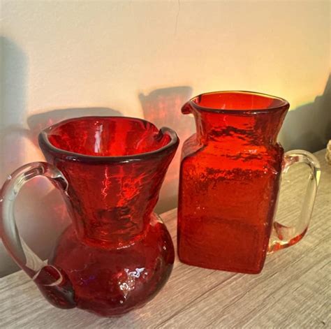Hand Blown Ruby Crackle Glass Pitchers Vintage Studio Art Glass Set
