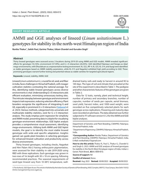 Pdf Ammi And Gge Analyses Of Linseed Linum Usitatissimum L