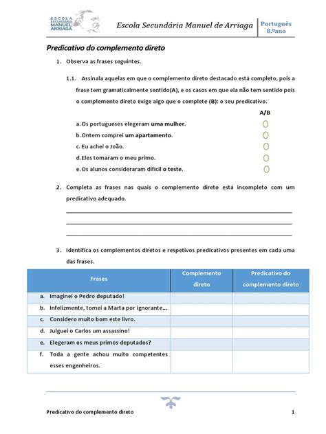 Predicativo Complemento Direto Pdf Assunto Gramática