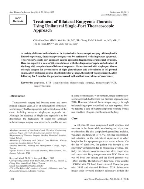 Pdf Treatment Of Bilateral Empyema Thoracis Using Unilateral Single Port Thoracoscopic Approach
