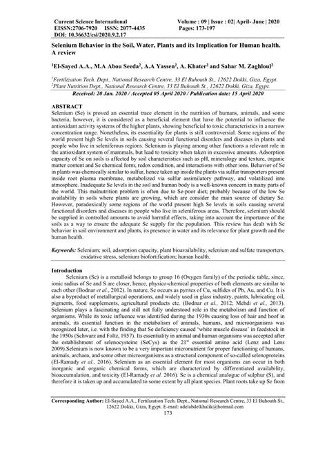PDF Selenium Behavior In The Soil Water Plants And Its Implication