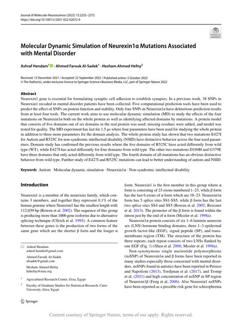 Molecular Dynamic Simulation Of Neurexin1α Mutations Associated With