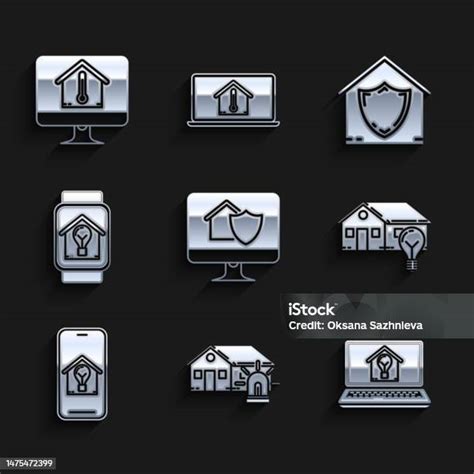 보호 중인 집 스마트 및 알람 노트북 스마트 전구 휴대폰 시계 집 및 온도 아이콘이 있는 컴퓨터 모니터를 설정합니다 벡터 개념에 대한 스톡 벡터 아트 및 기타 이미지