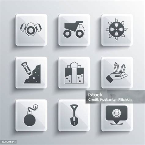 삽 보석 광산 입구 폭탄 건설 착암기 방독면 및 버킷 휠 굴삭기 아이콘을 설정합니다 벡터 건설 산업에 대한 스톡 벡터 아트 및