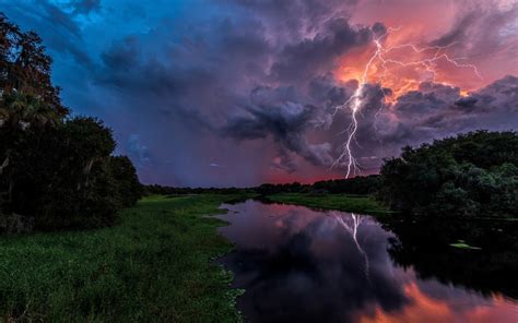 Stormy Reflection Natures Hd Wallpaper With Lightning And River