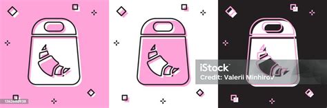 분홍색과 흰색 검은 색 배경에 고립 된 크루아상 패키지 아이콘을 설정합니다 벡터 1에 대한 스톡 벡터 아트 및 기타 이미지 1 가방 개념 Istock