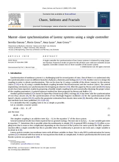 Pdf Masterslave Synchronization Of Lorenz Systems Using A Single