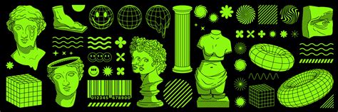 Psychedelic Retro Futuristic Set Modern Sculpture Wireframe Cyberpunk Element Perspective