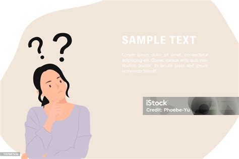 만화 사람들 문자 디자인 배너 템플릿 물음표 젊은 아시아 여자와 사려 깊은 포즈 개념에 대한 스톡 벡터 아트 및 기타 이미지