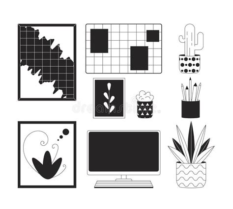 Office Supplies And Decor Black And White 2d Line Cartoon Objects Set Stock Vector