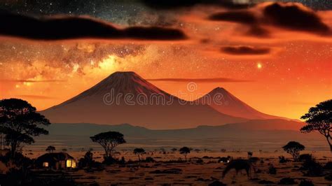 African Savanna Sunset With Milky Way And Volcanoes Stock Video Video