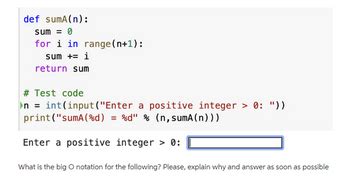 Answered Def SumA N Sum For I In Range N Sum I Return Sum Test Code N Int