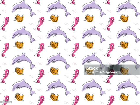 조개 돌고래 및 해마를 가진 예술의 1개의 연속적인 선을 가진 이음새가 없는 낙서 바다 본 돌고래에 대한 스톡 벡터 아트 및 기타 이미지 Istock