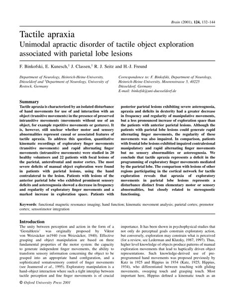 Pdf Tactile Apraxia Unimodal Apractic Disorder Of Tactile Object Exploration Associated With