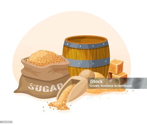 와인 맥주 럼주를위한 나무 배럴 구리 또는 철 고리가있는 오크 나무에서 캐스크 신선한 지팡이 설탕 모래와 숟가락 지팡이 설탕 큐브와 가방 만화 벡터에 느슨한 설탕 맥주에