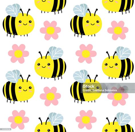 평평한 손으로 그린 꿀벌과 꽃의 벡터 이음새가 없는 패턴 곤충에 대한 스톡 벡터 아트 및 기타 이미지 곤충 공단 귀여운 Istock
