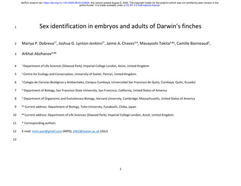 Pdf Sex Identification In Embryos And Adults Of Darwins Finches