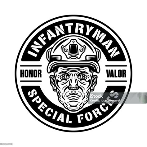 특수 부대 보병 벡터 빈티지 라운드 엠블럼 라벨 배지 또는 헬멧에 군인 머리가있는 엠블럼 흰색 배경에 고립 된 흑백 그림 T 셔츠에 대한 스톡 벡터 아트 및 기타 이미지