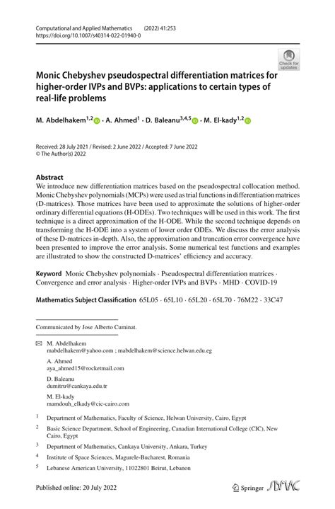 Pdf Monic Chebyshev Pseudospectral Differentiation Matrices For