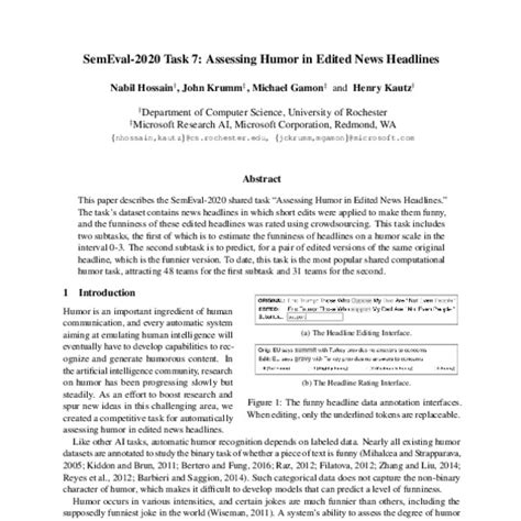 semeval 2020 task 7 assessing humor in edited news headlines acl