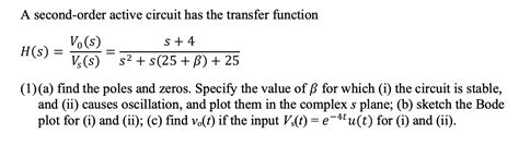 Solved A Second Order Active Circuit Has The Transfer Chegg Com