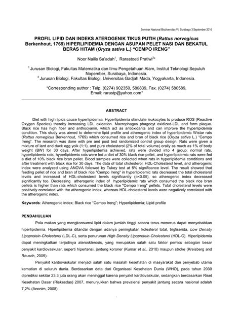 Pdf Profil Lipid Dan Indeks Aterogenik Tikus Putih Rattus Norvegicus