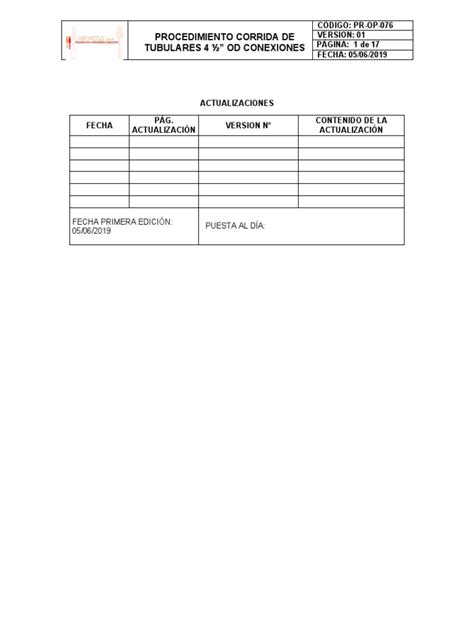 Procedimiento Para Correr Tubulares 4 1 2 Od Pr Op 076 Pdf Ciencias