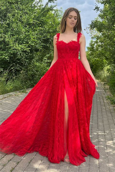 Sweetheart Neck Red Lace Long Prom Dresses With High Slit Red Lace Fo