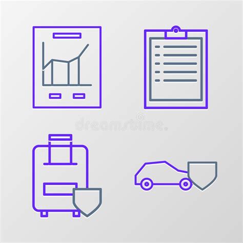 Set Line Car With Shield Traveling Baggage Insurance Clipboard Checklist And Document Graph