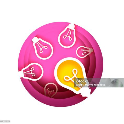 종이 공예 스타일에 전구 조명 아이디어 창의력 시작 브레인 스토밍 비즈니스에 대한 종이 접기 밝은 전구 분홍색 레이어링 된 원 배경입니다 0명에 대한 스톡 벡터 아트 및