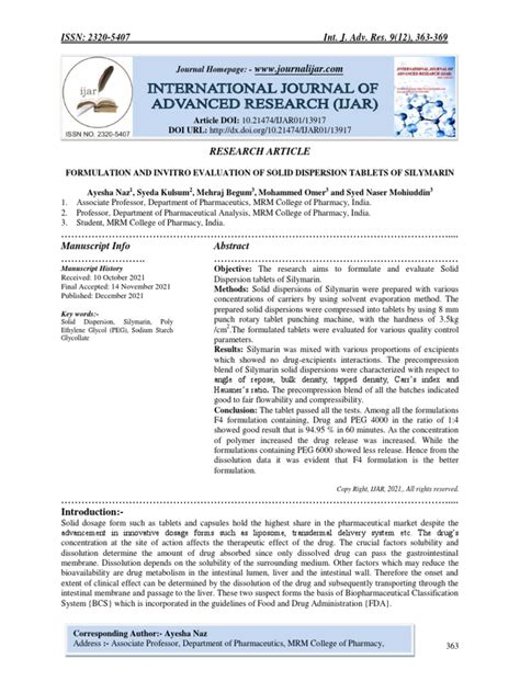 Formulation And Invitro Evaluation Of Solid Dispersion Tablets Of Silymarin Pdf