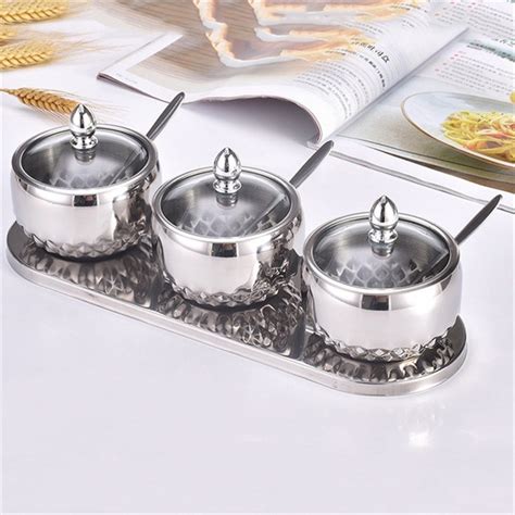 3 In 1 크리 에이 티브 스테인레스 스틸 조미료 항아리 유리 뚜껑 조미료 병 조합 세트 스푼 포함 스틸 컬러