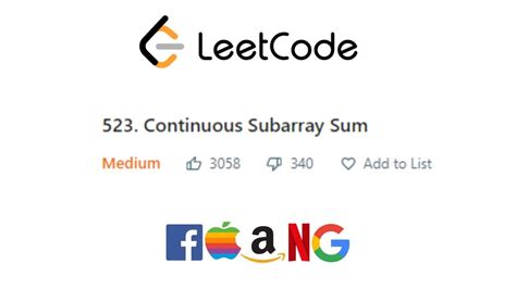 Leetcode 523 Continuous Subarray Sum Leetcode Daily Medium
