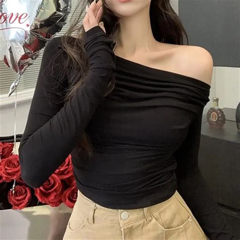 여성용 섹시 오프 숄더 티셔츠 긴팔 슬림핏 크롭탑 Y2k 빈티지 하라주쿠 단색 티 우아한 여성 의류 시크한 가을 Aliexpress